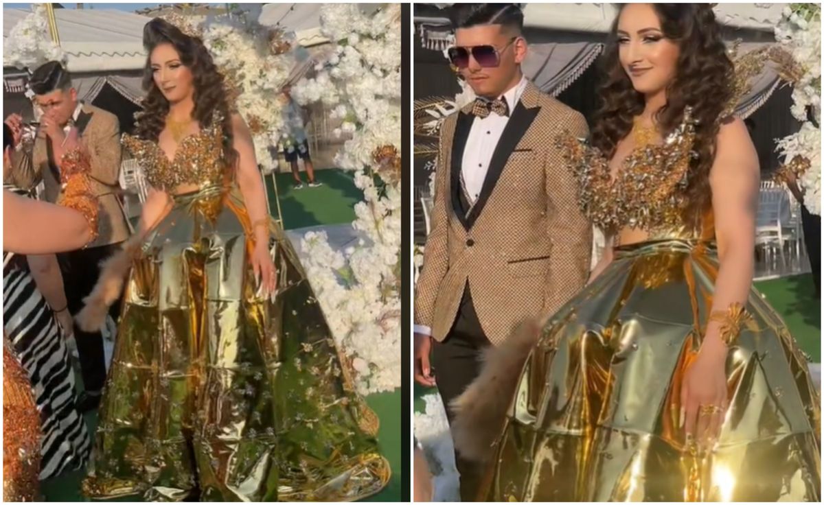 La soare te poți uita, dar la mireasă ba! Rochia "de aur" care face ...