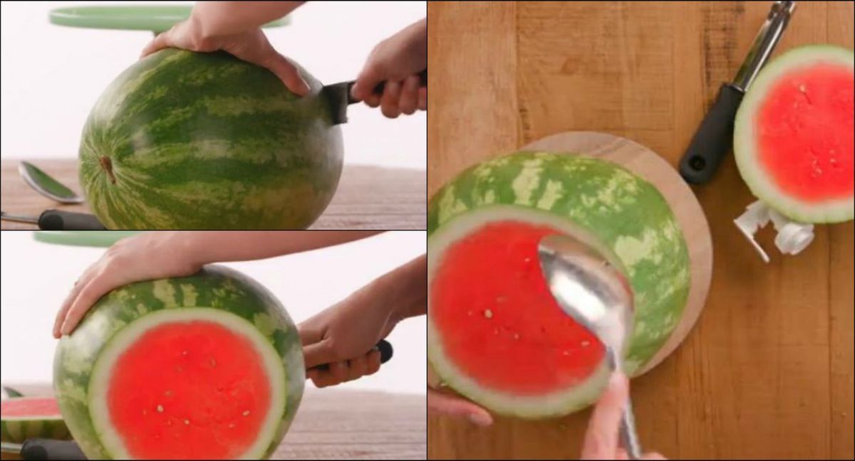 A taiat ambele capete ale unui pepene si i-a golit interiorul. Finalul ...